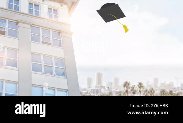 Graduation caps animation over cityscape and building background ...