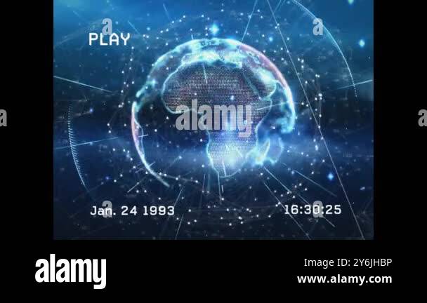 Digital Earth with network connections, data processing animation over timestamped video ...