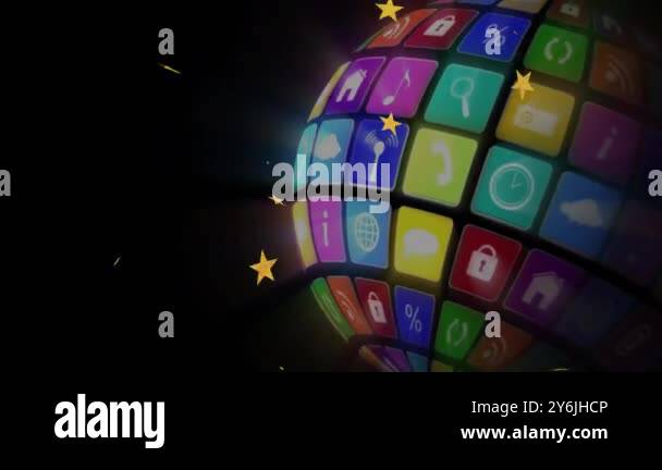 Rotating globe of app icons with stars animation on black background ...