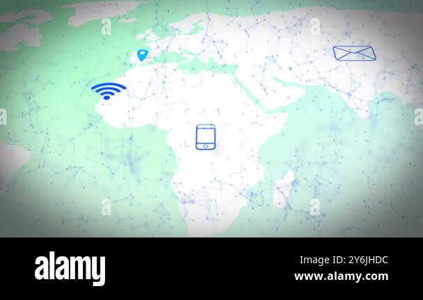 QR code and network icons animation over world map with connectivity ...