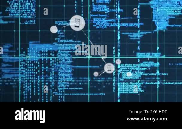 Music notes and data processing animation over digital code and network ...