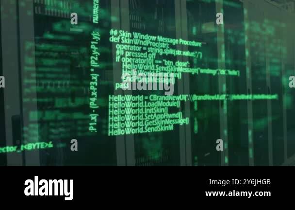 Green code and data processing animation over server racks in data center. Technology, server ...