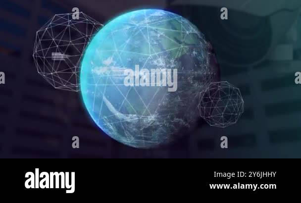 Digital network and data processing animation over rotating Earth and geometric shapes ...