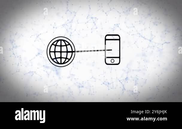 QR code scanning animation between globe and smartphone icons over ...