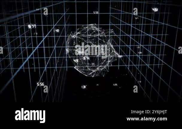 Geometric shapes and numbers animation over grid lines on black ...