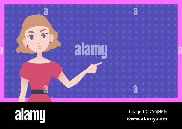 Pointing with finger, animated woman over purple background with plus ...