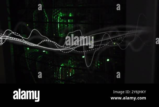 Waveform animation over green-lit server racks in data center ...