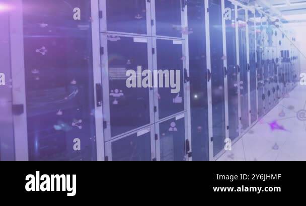 Data processing and social media icons animation over server racks in data center. Technology ...