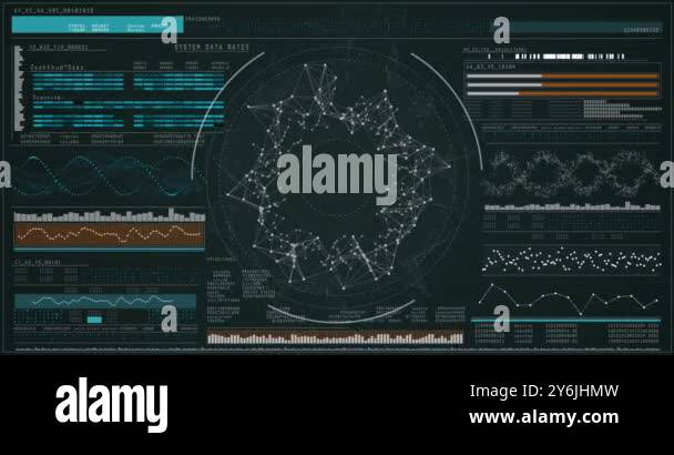 Animating network connections and data visualization on analytical dashboard. Technology ...