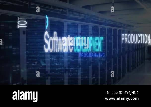 Software development and testing animation in server room background ...