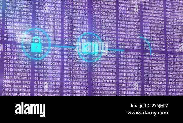 Digital data processing animation over binary code and blue icons on purple background ...