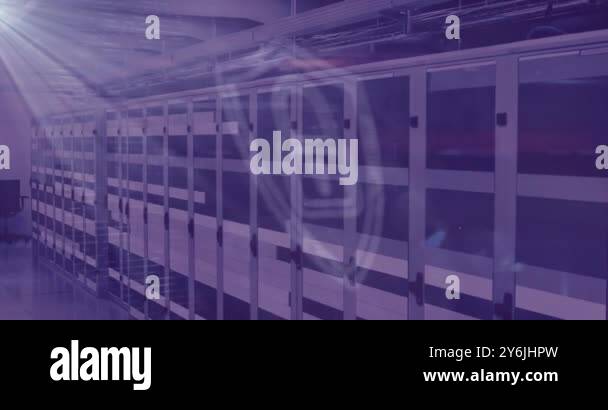 Digital lock and shield animation over server racks in data center ...