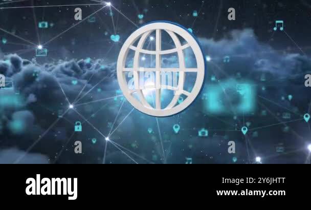 Globe icon with network symbols animation over digital cloud background ...