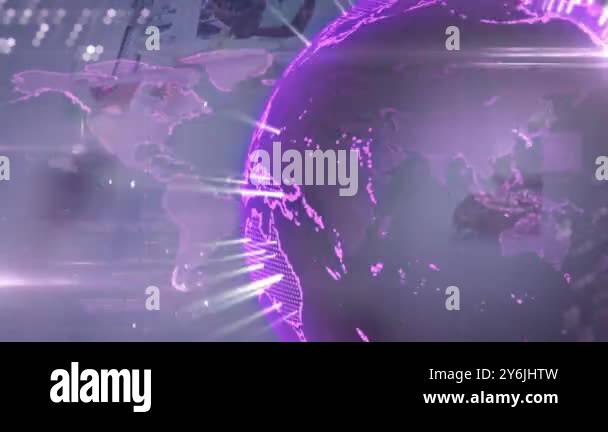 Digital world map and glowing globe animation over diverse people ...