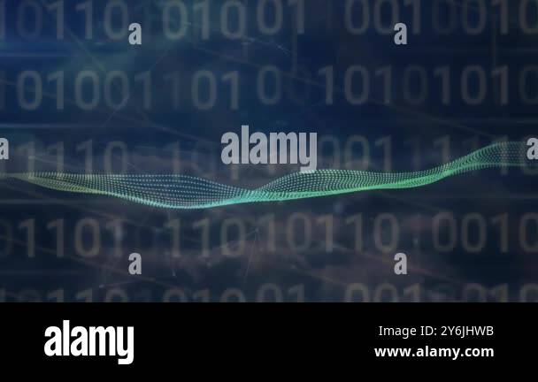 Binary code and digital wave animation over dark blue background ...