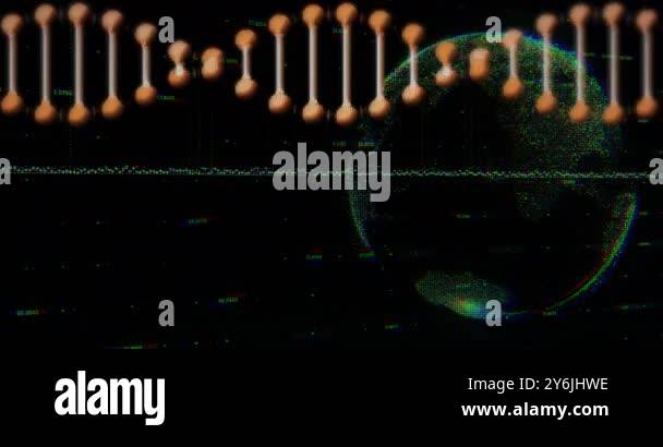 DNA strand animation over digital globe with glitch effects. Genetics ...