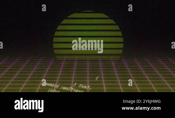 Retro grid with green sun and coding animation. neon, glowing ...