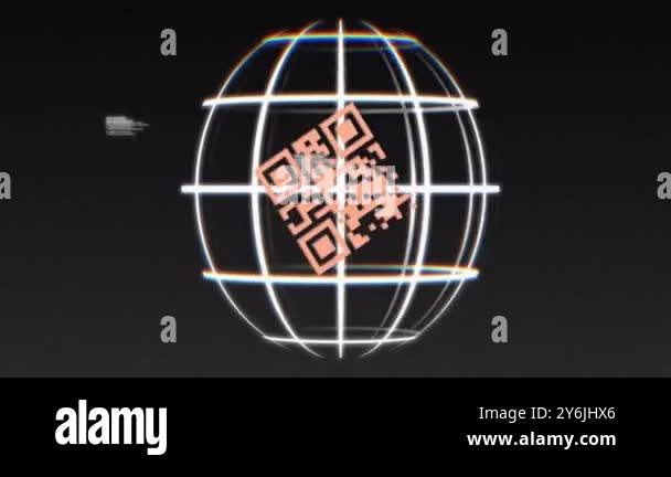 QR code inside rotating globe with digital data animation. Technology ...