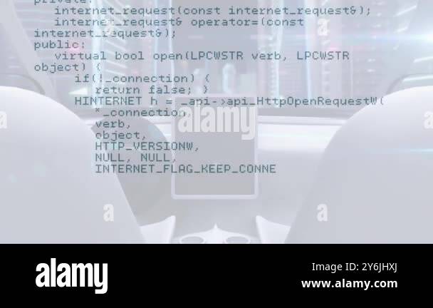 Computer code animation over futuristic vehicle interior with two seats ...