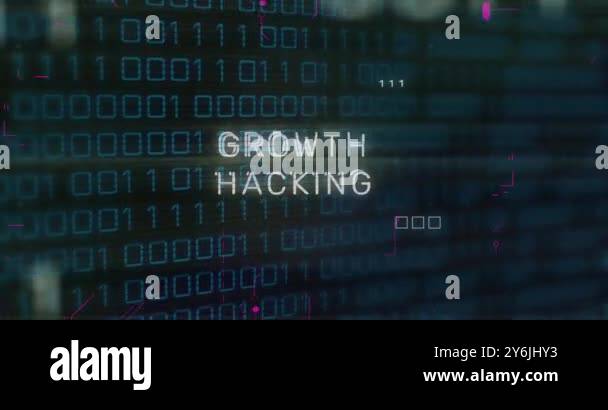 Binary code and Growth Hacking text animation over digital background. Technology, innovation ...