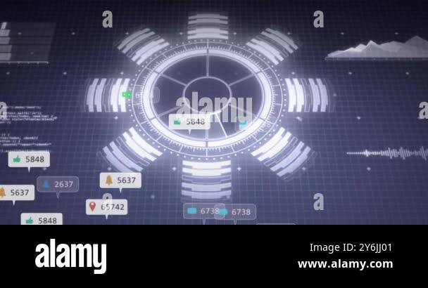 Social media engagement metrics animation over futuristic circular interface. Analytics, data ...