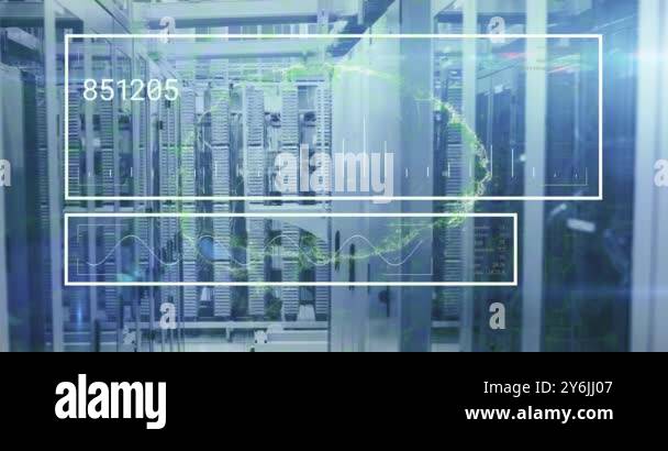Digital data processing animation over servers in data center ...