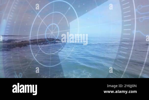Radar scanning animation over ocean landscape. waves, surveillance, marine, technology ...