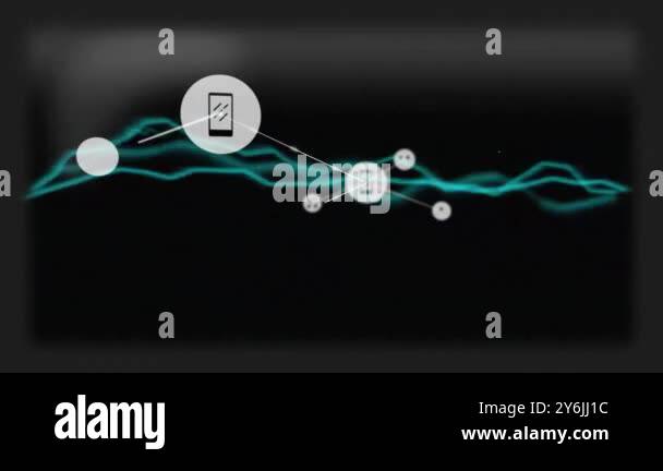 Music notes and sound waves animation over connected devices network ...