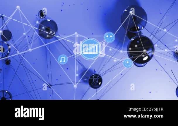 Music and technology icons connected by lines, network animation over ...