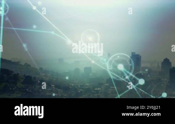Network connections and data transmission animation over cityscape ...