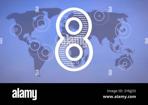 Numbers animation over world map with circular data points. technology, infographic, data ...