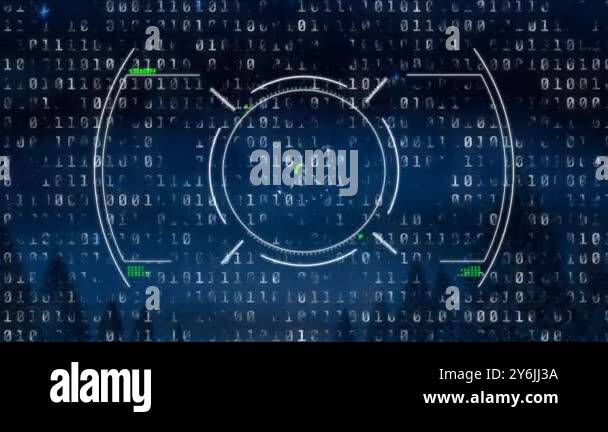 Binary code and circular data processing animation over night sky with trees. Technology ...