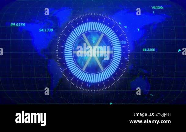Rotating radar animation over world map with coordinates and grid lines ...
