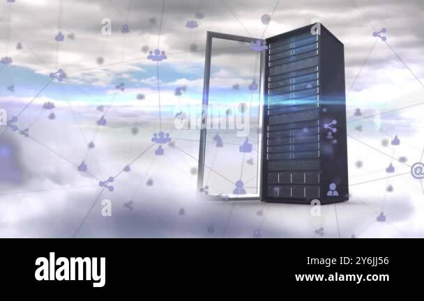Server Rack With Open Door Cloud Computing Network Animation Over Sky Background Technology