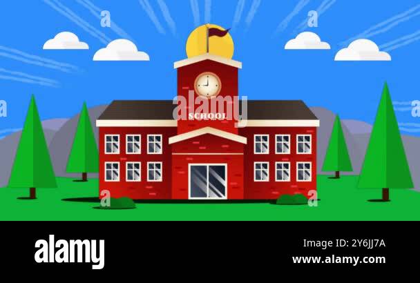 Red brick school building with clock and flag, educational animation ...