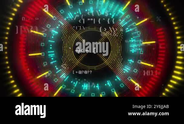 Circular digital interface with glowing symbols and data processing animation. Technology ...