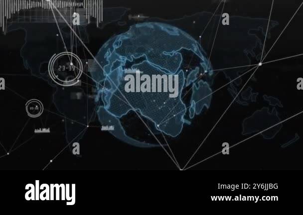 Animation of diagrams and data processing over globe and world map on black background ...