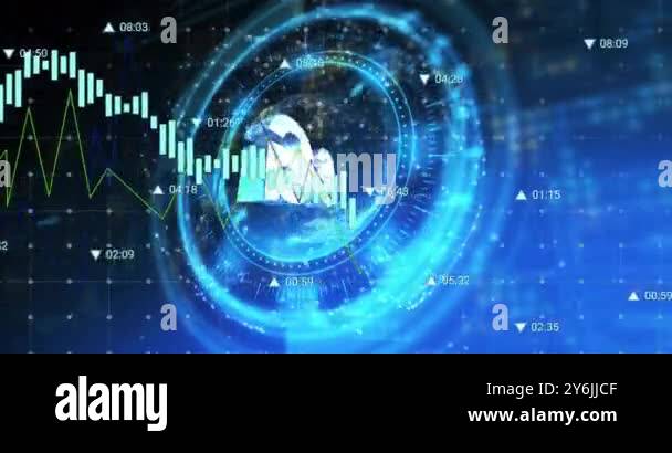 Animation of data processing and diagrams over scope scanning with 6g text. Technology, business ...