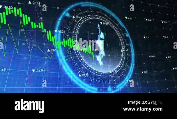 Animation of data processing and diagrams over scope scanning with dollar symbol. Technology ...
