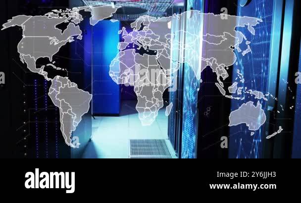 World map animation over data center servers and networking equipment ...