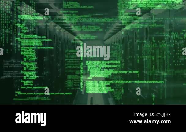 Green Code Animation Displaying Over Server Racks In Data Center