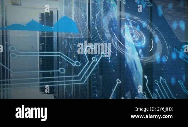 Processing data and animating circuit board over server room ...