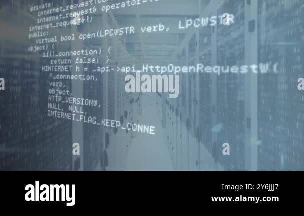 Animating Computer Code Over Server Room Background In Data Center Technology Programming