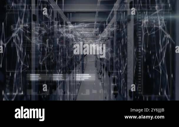 World map and data processing animation over server racks in data ...