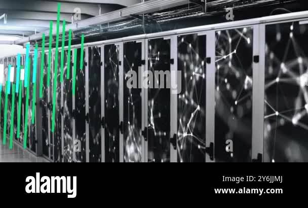 Data processing animation over server racks in data center, showing ...