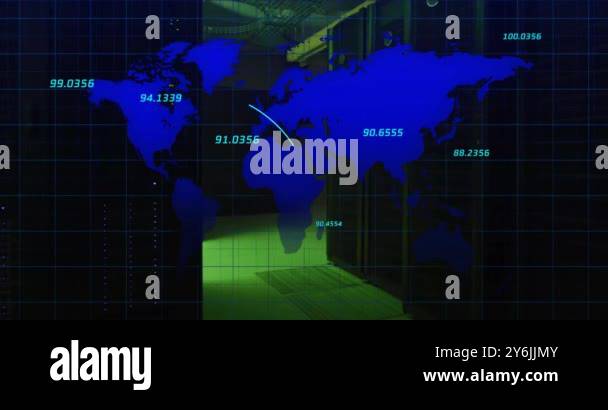 World map with coordinates and data points animation over server room ...