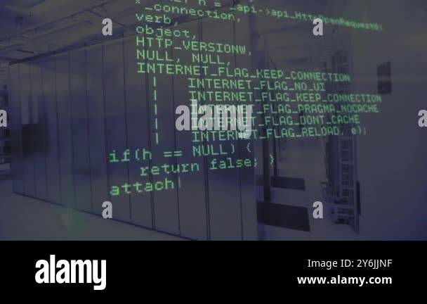 Computer code animating over server room background with rows of ... Computer code animating over server room background with rows of ...