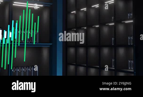 Animating sound waves over server racks in data center. Technology, animation, digital ...