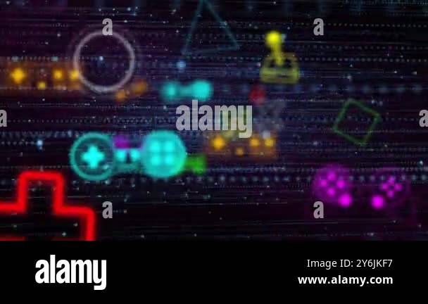 Geometric Shapes And Gaming Icons Animation Over Digital Background With Binary Code Technology