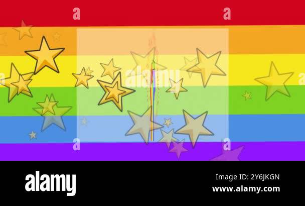 Animation of pride lgbtq rainbow fist and stars falling over rainbow ...